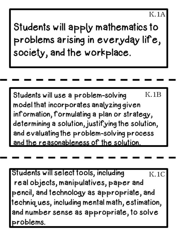 Kindergarten Math TEKS Learning Objective Cards/ Posters (3) Color/ B&W ...