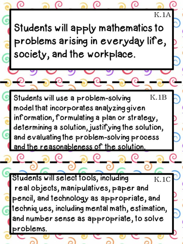 Kindergarten Math TEKS Learning Objective Cards/ Posters (3) Color/ B&W ...