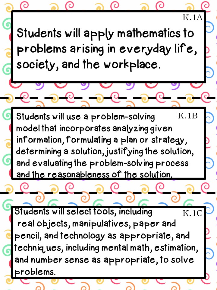 Kindergarten Math TEKS Learning Objective Cards/ Posters (3) Color/ B&W ...