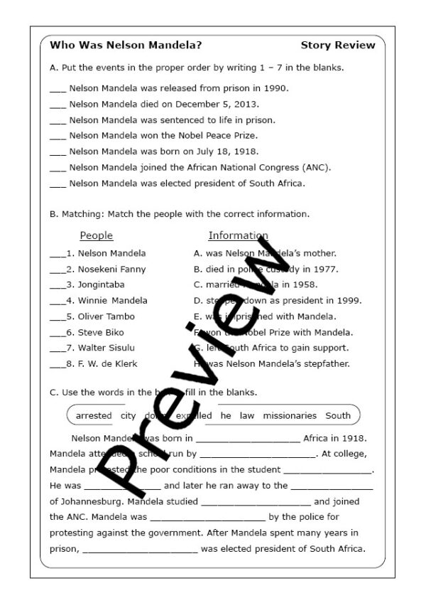 Pam Pollack & Meg Belviso "Who Was Nelson Mandela?" worksheets | Made ...