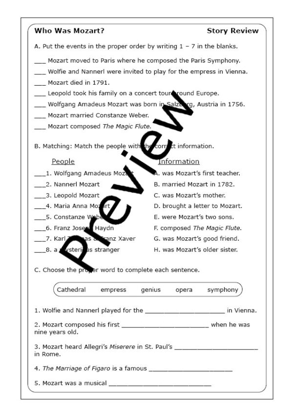 Yona Zeldis McDonough "Who Was Wolfgang Amadeus Mozart?" worksheets ...