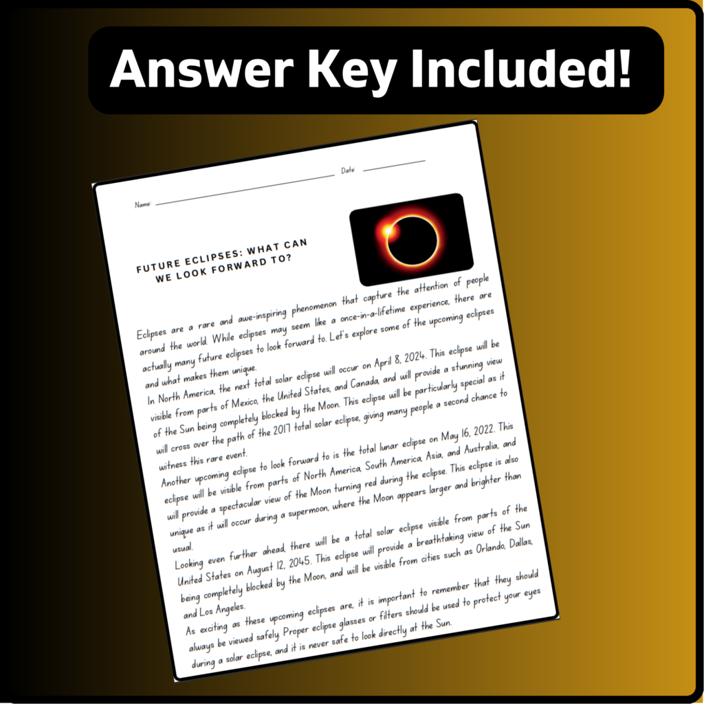 Lunar Solar Eclipse Sun Moon Phases Reading Comprehension Passages ...