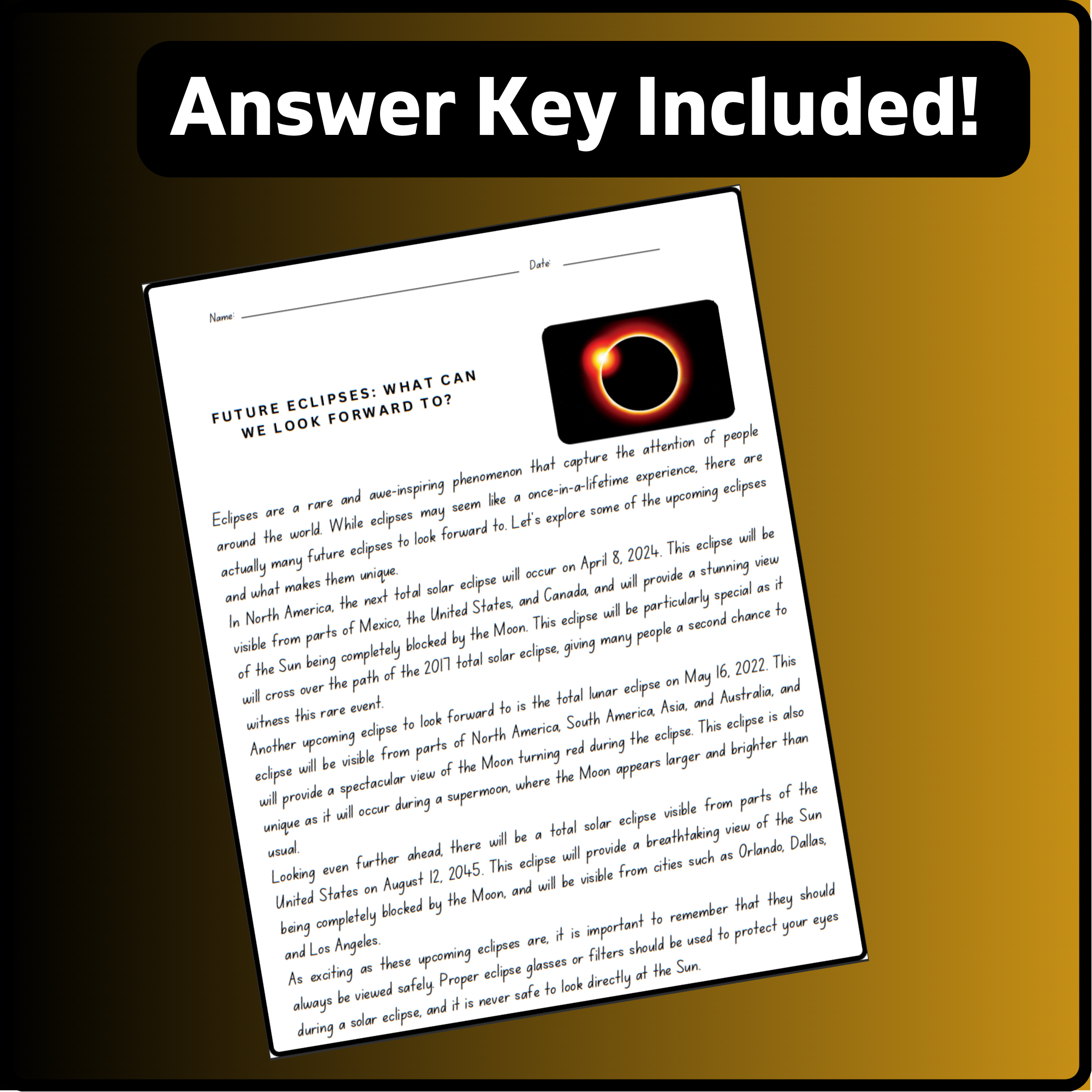 Lunar Solar Eclipse Sun Moon Phases Reading Comprehension Passages ...
