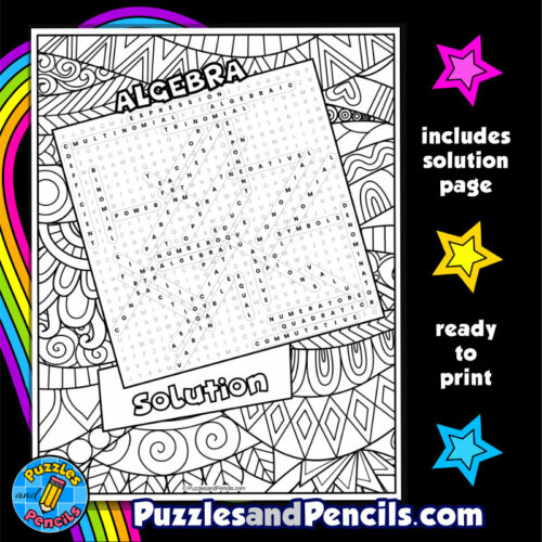 Algebra Word Search Puzzle with Coloring | Mathematics Wordsearch ...