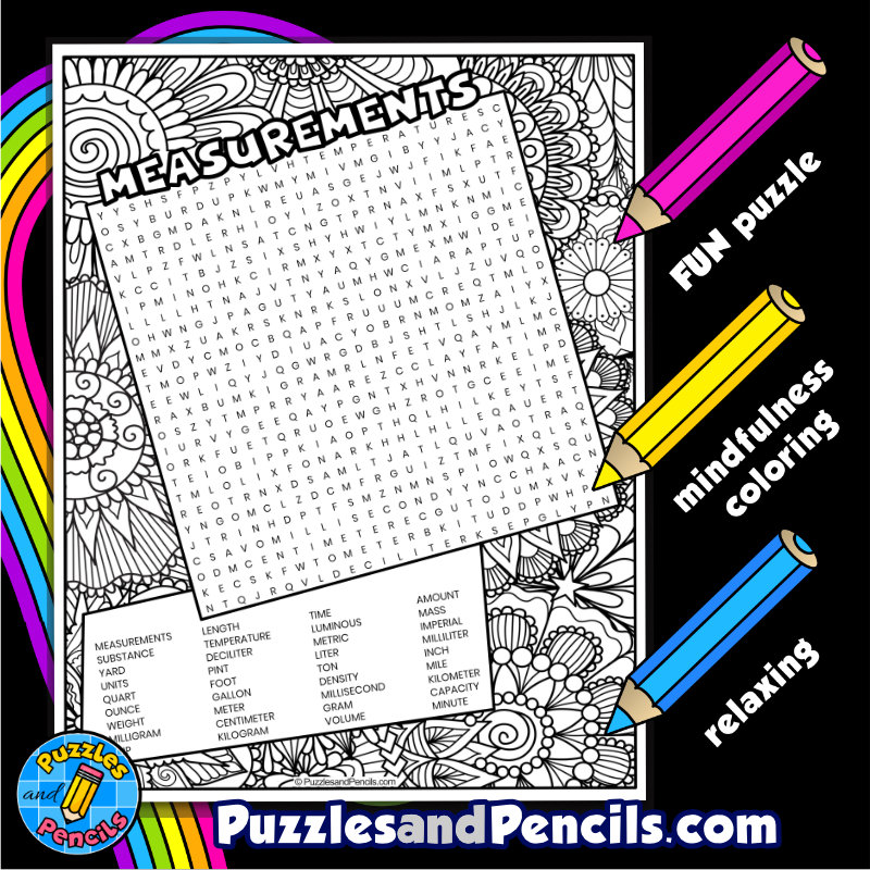 Measurements Word Search Puzzle with Coloring | Mathematics Wordsearch ...