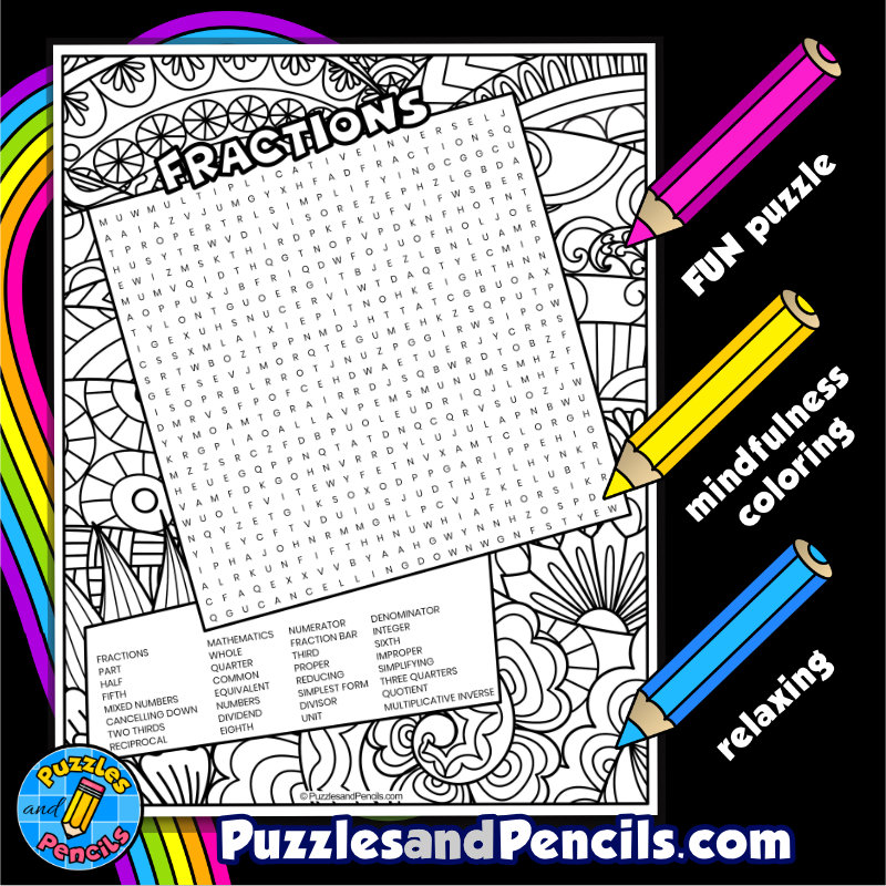 Fractions Word Search Puzzle with Coloring | Mathematics Wordsearch ...