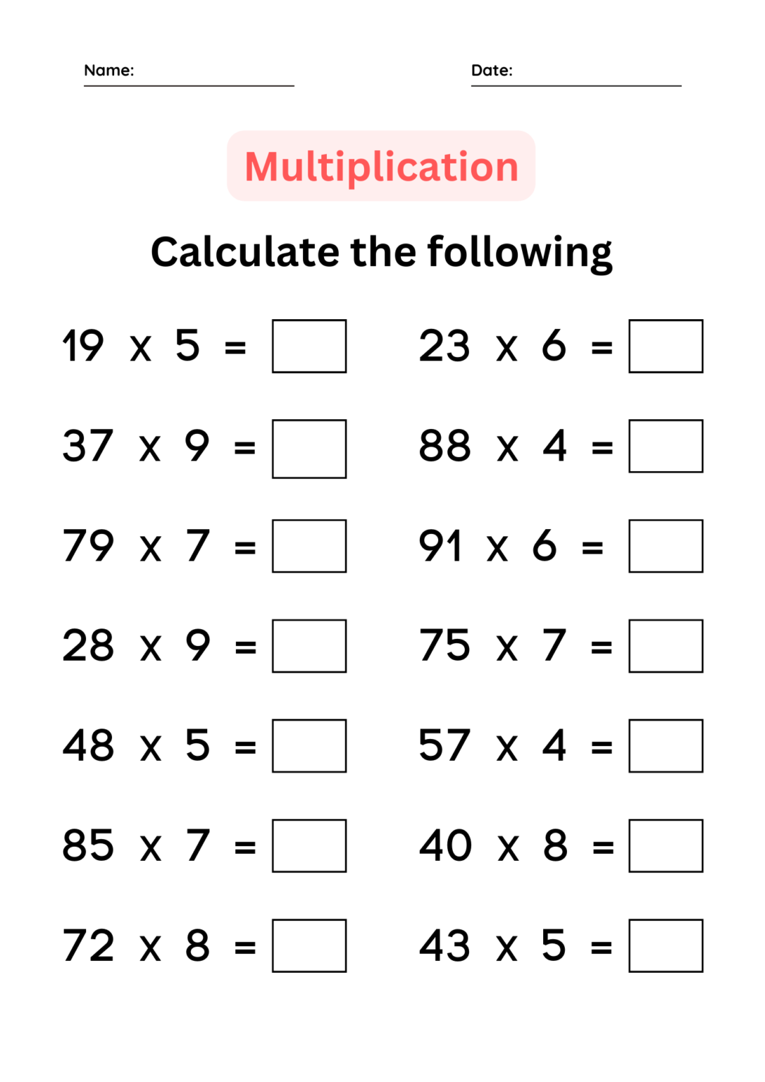Multiplication Facts Fluency Practice Basic Math Worksheets for grade 1 ...