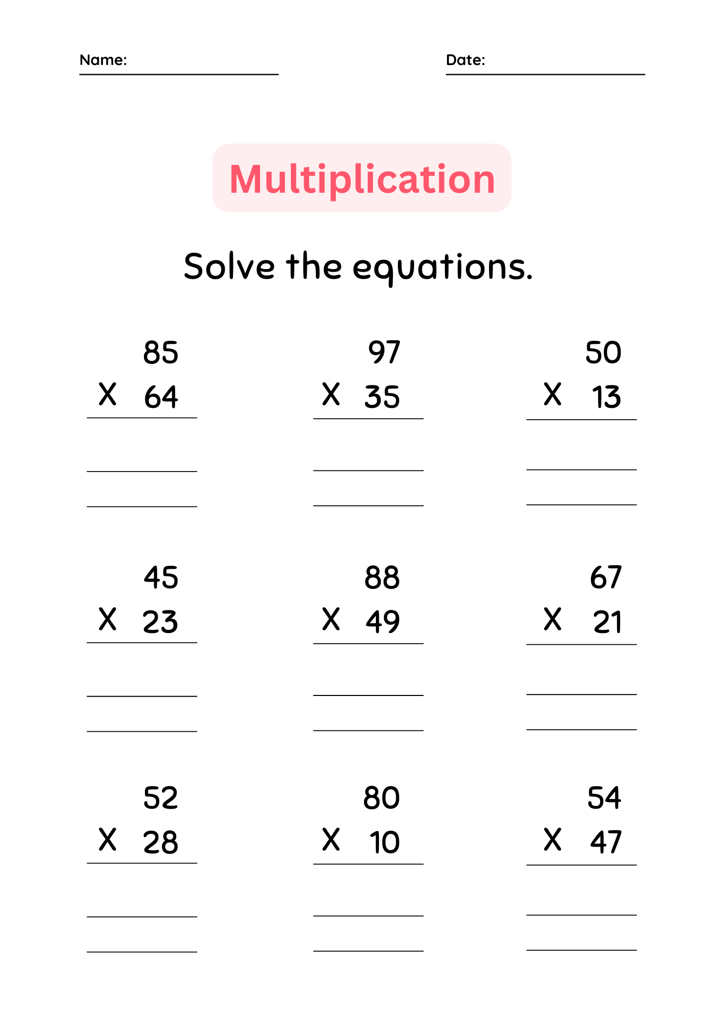 Multiplication Facts Fluency Practice Basic Math Worksheets for grade 1 ...