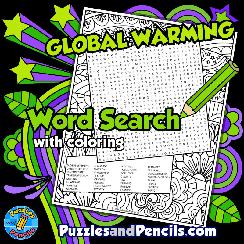 Global Warming Word Search Puzzle with Coloring | Environmental Issues ...