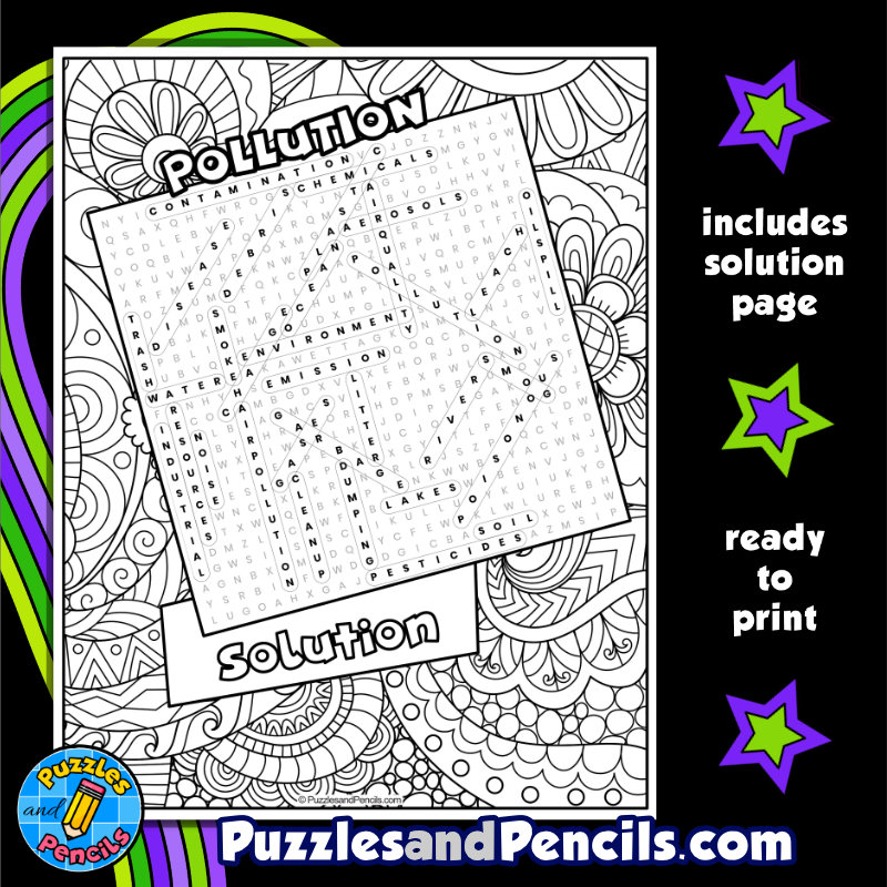Pollution Word Search Puzzle with Coloring | Environmental Issues ...