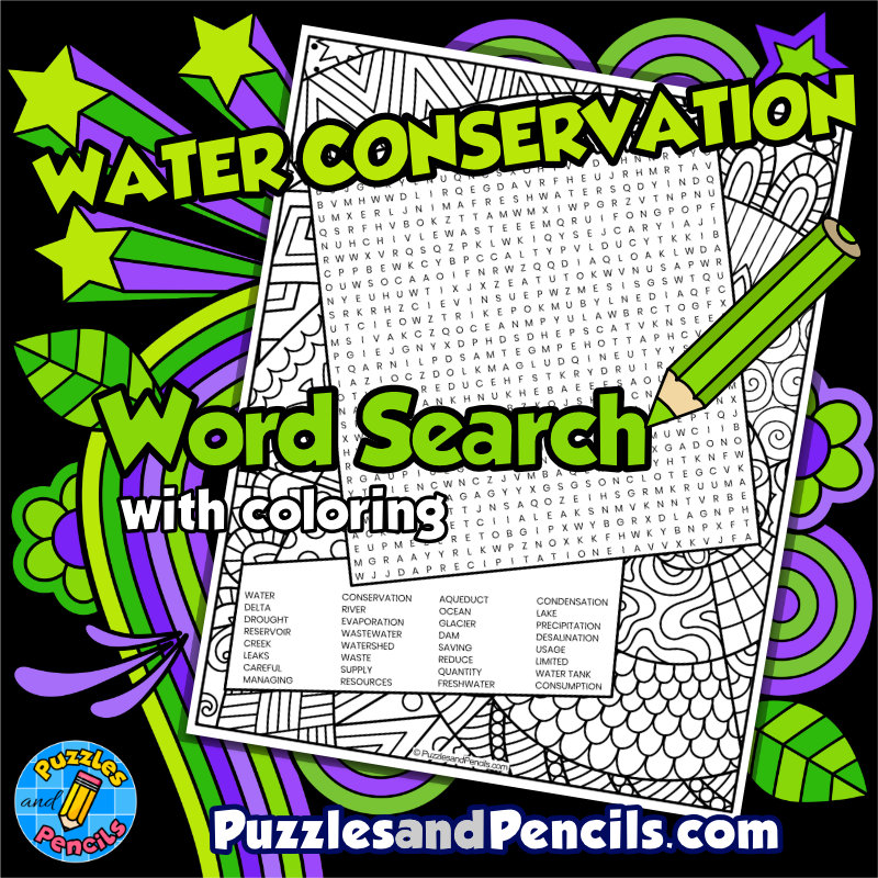 Water Conservation Word Search Puzzle with Coloring | Environmental ...