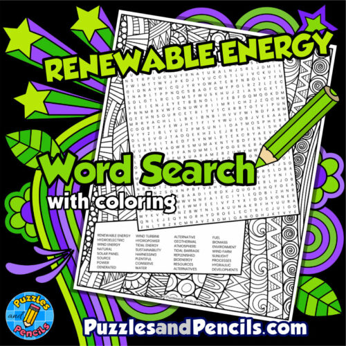 Renewable Energy Word Search Puzzle with Coloring | Environmental ...