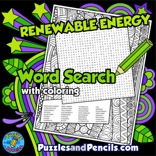 Renewable Energy Word Search Puzzle with Coloring | Environmental ...