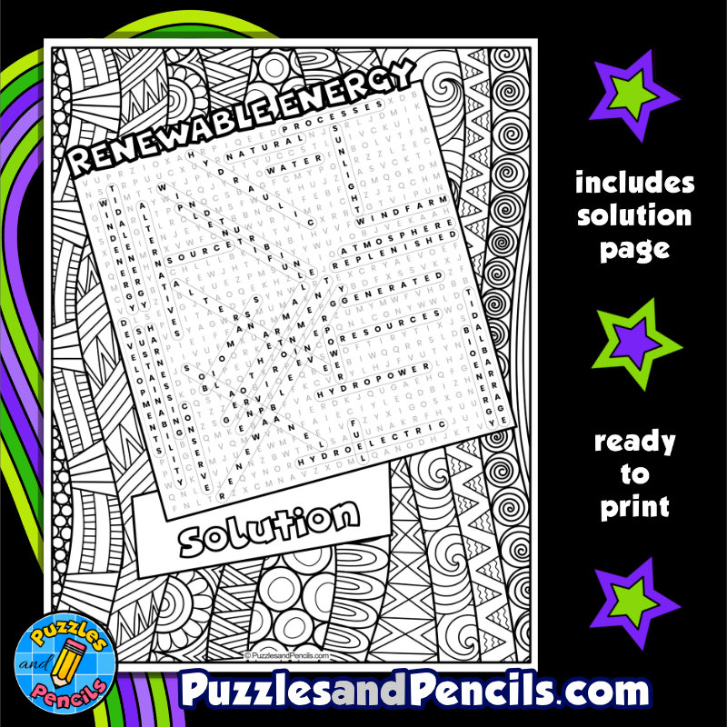 Renewable Energy Word Search Puzzle with Coloring | Environmental ...