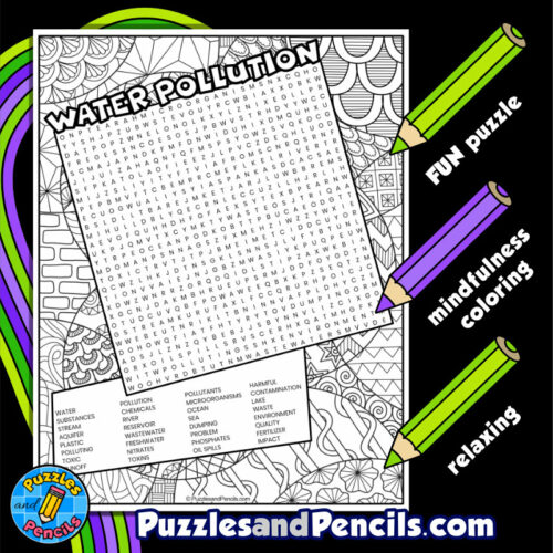 Water Pollution Word Search Puzzle with Coloring | Environmental Issues ...