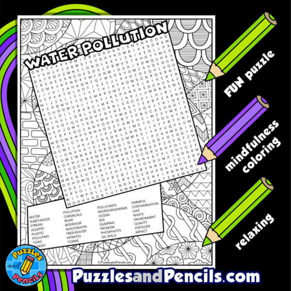 Water Pollution Word Search Puzzle with Coloring | Environmental Issues ...