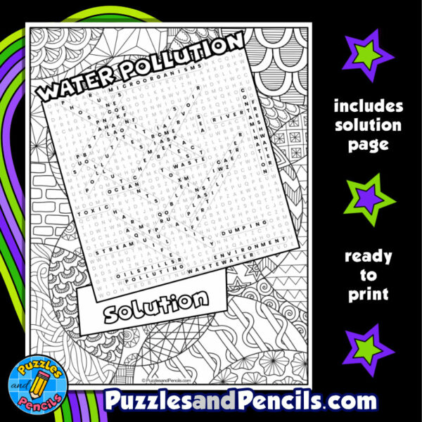 Water Pollution Word Search Puzzle with Coloring | Environmental Issues ...