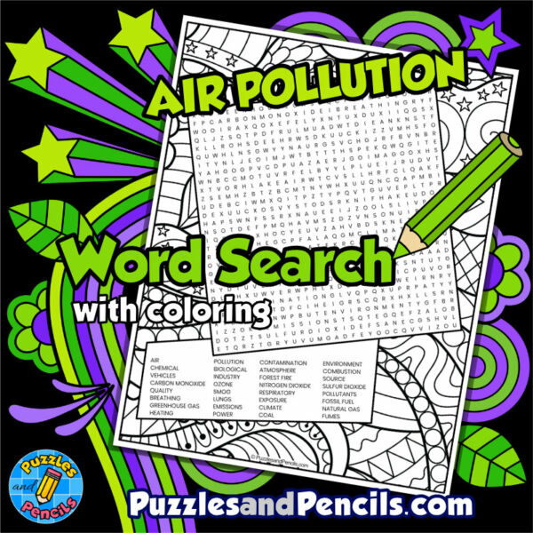 Air Pollution Word Search Puzzle with Coloring | Environmental Issues ...