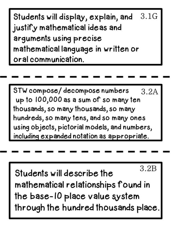3rd Grade Texas TEKS Math Learning Objectives Cards | Color and B&W ...