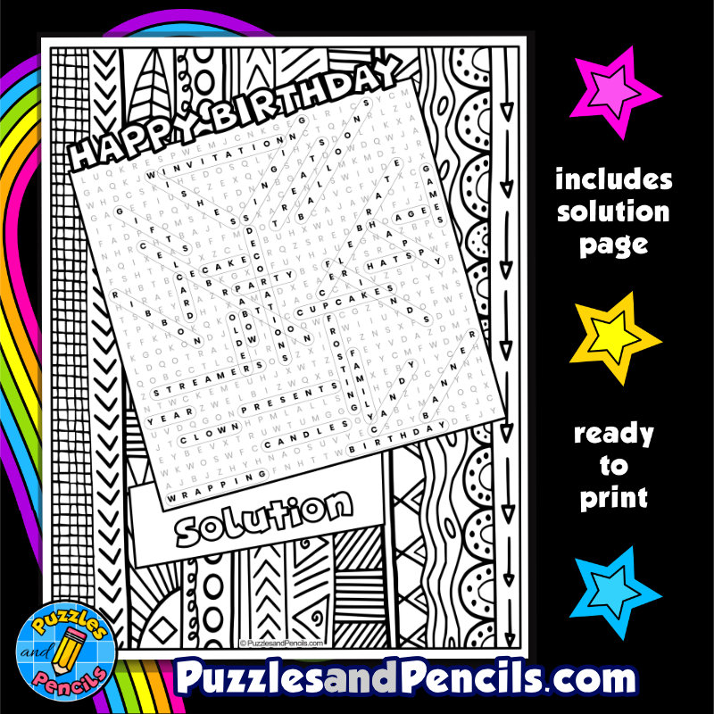 Happy Birthday Word Search Puzzle Activity Page with Coloring ...