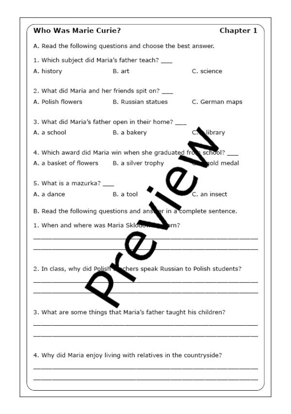 Megan Stine "Who Was Marie Curie?" worksheets | Made By Teachers