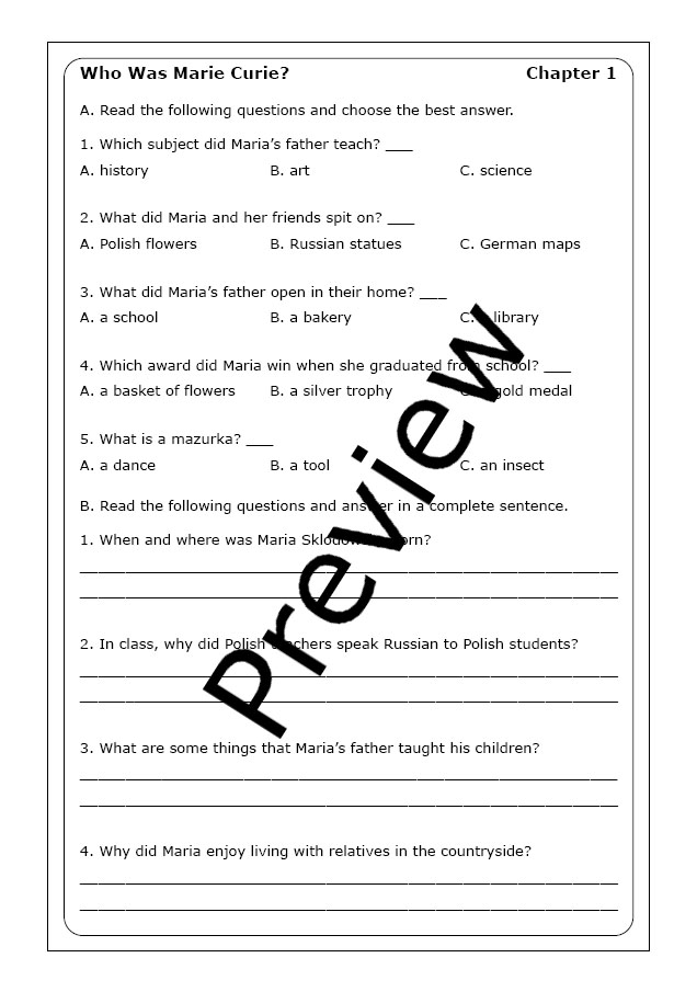 Megan Stine "Who Was Marie Curie?" worksheets | Made By Teachers