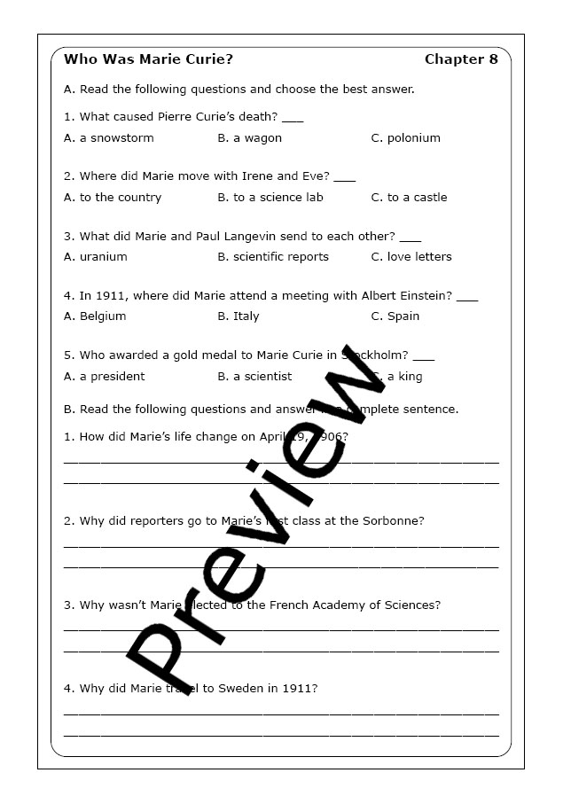 Megan Stine "Who Was Marie Curie?" worksheets | Made By Teachers