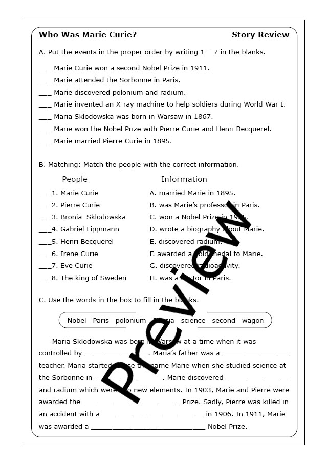 Megan Stine "Who Was Marie Curie?" worksheets | Made By Teachers