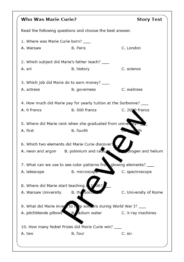 Megan Stine "Who Was Marie Curie?" worksheets | Made By Teachers