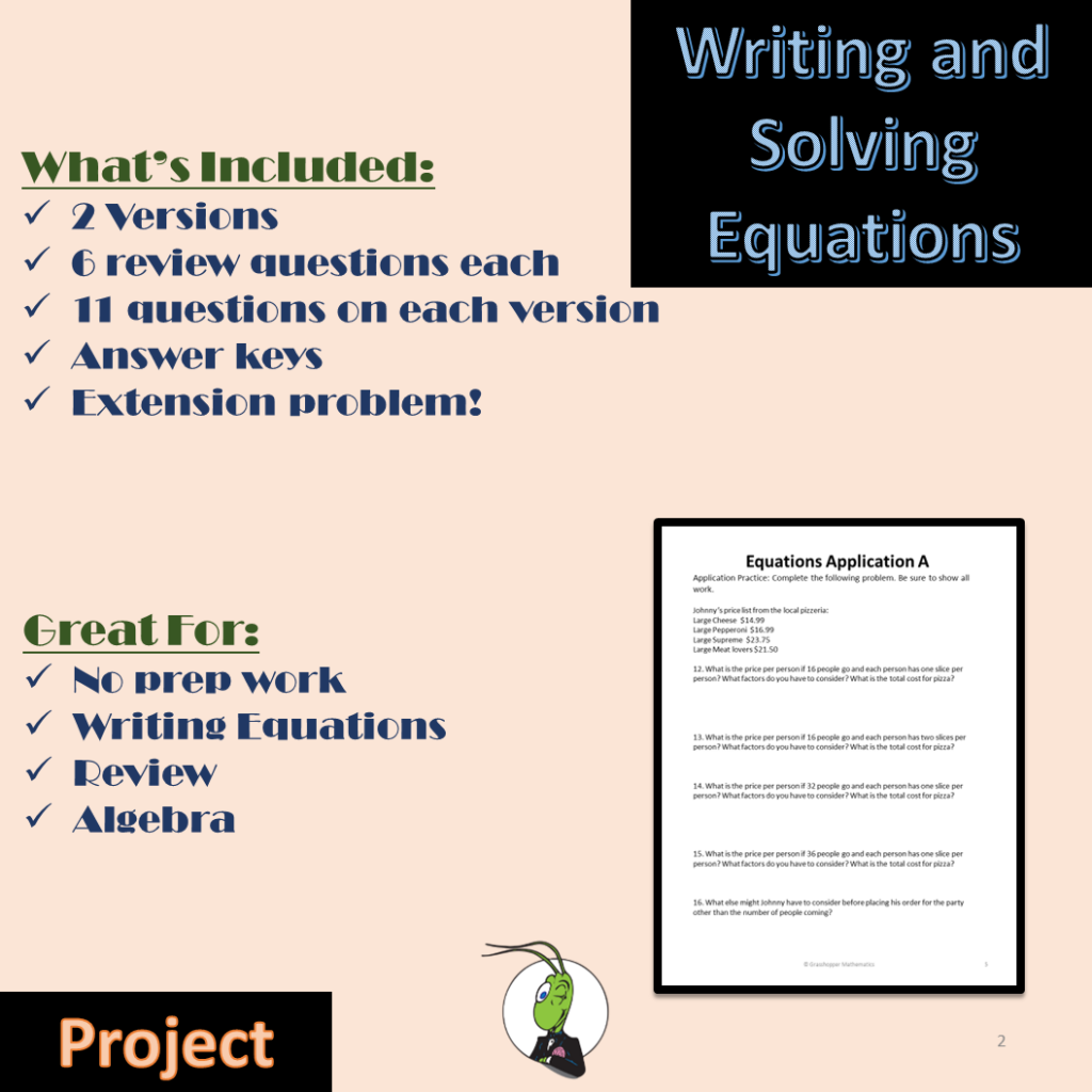 Writing Equations Pizza Application Project | Algebra | Made By Teachers