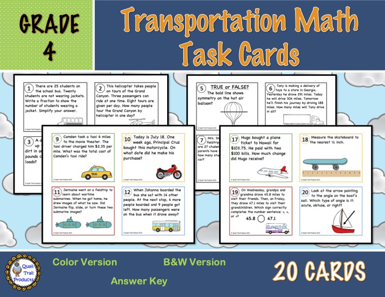Grade 4 Transportation Math Task Cards | Made By Teachers