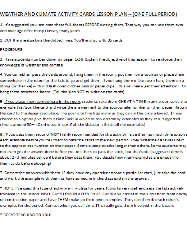 Weather and Climate Activity Cards WITH Lesson Plan (36 Cards PLUS ...