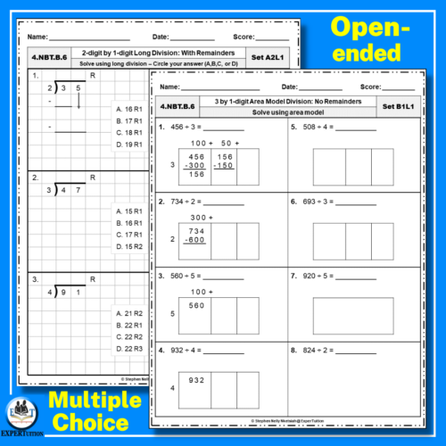 1-Digit & 2-Digit Divisors Area Model, Partial Quotients & Long ...