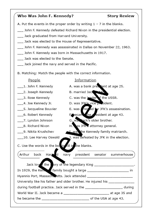 Yona Zeldis McDonough "Who Was John F. Kennedy?" worksheets | Made By ...