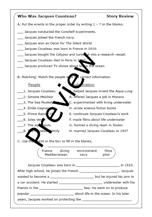 Nico Medina "Who Was Jacques Cousteau?" worksheets | Made By Teachers