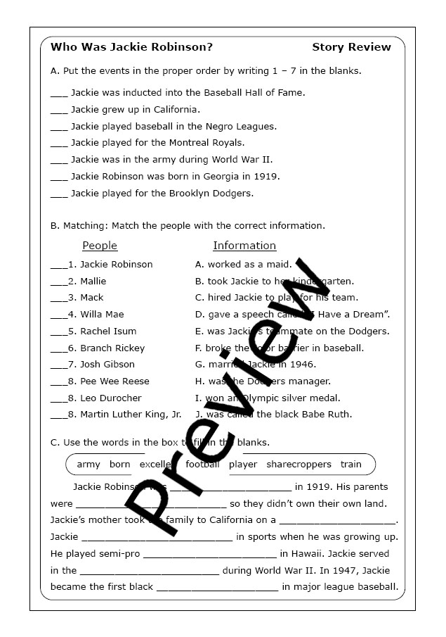 Gail Herman "Who Was Jackie Robinson?" worksheets | Made By Teachers
