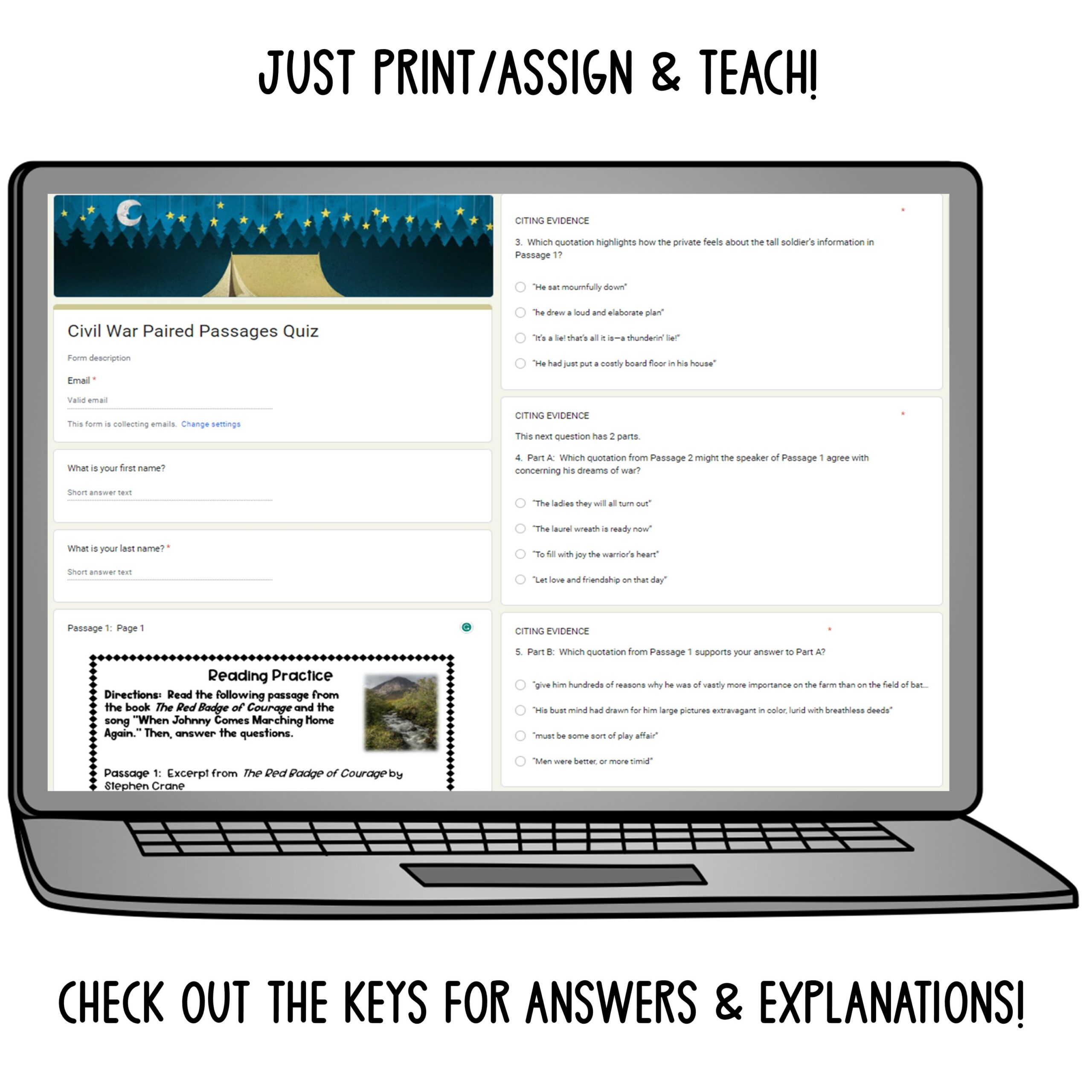 ELA Test Prep PRACTICE TEST Paired Passages with Questions Reading ...