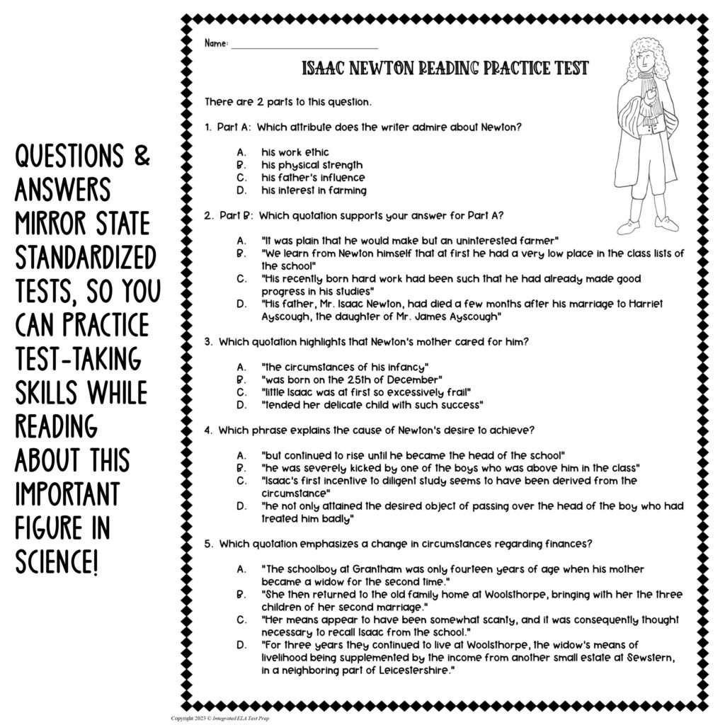 Reading Comprehension Passage Questions Test Isaac Newton Informational ...