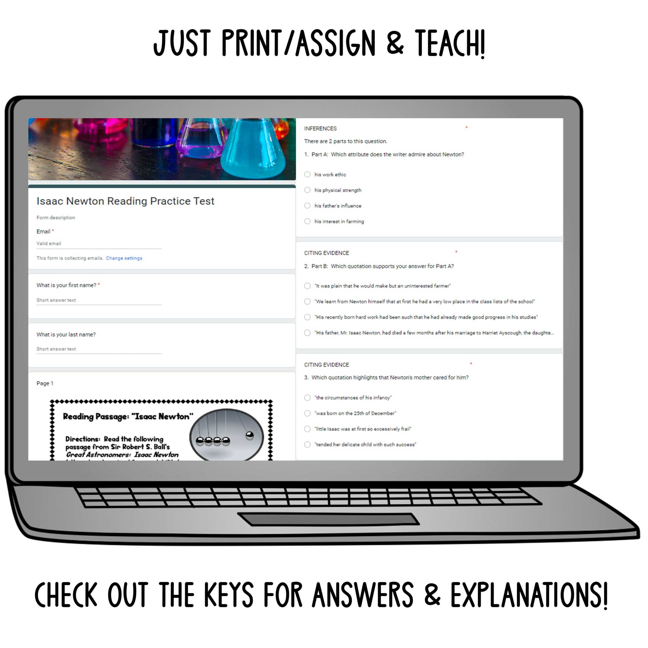 Reading Comprehension Passage Questions Test Isaac Newton Informational ...