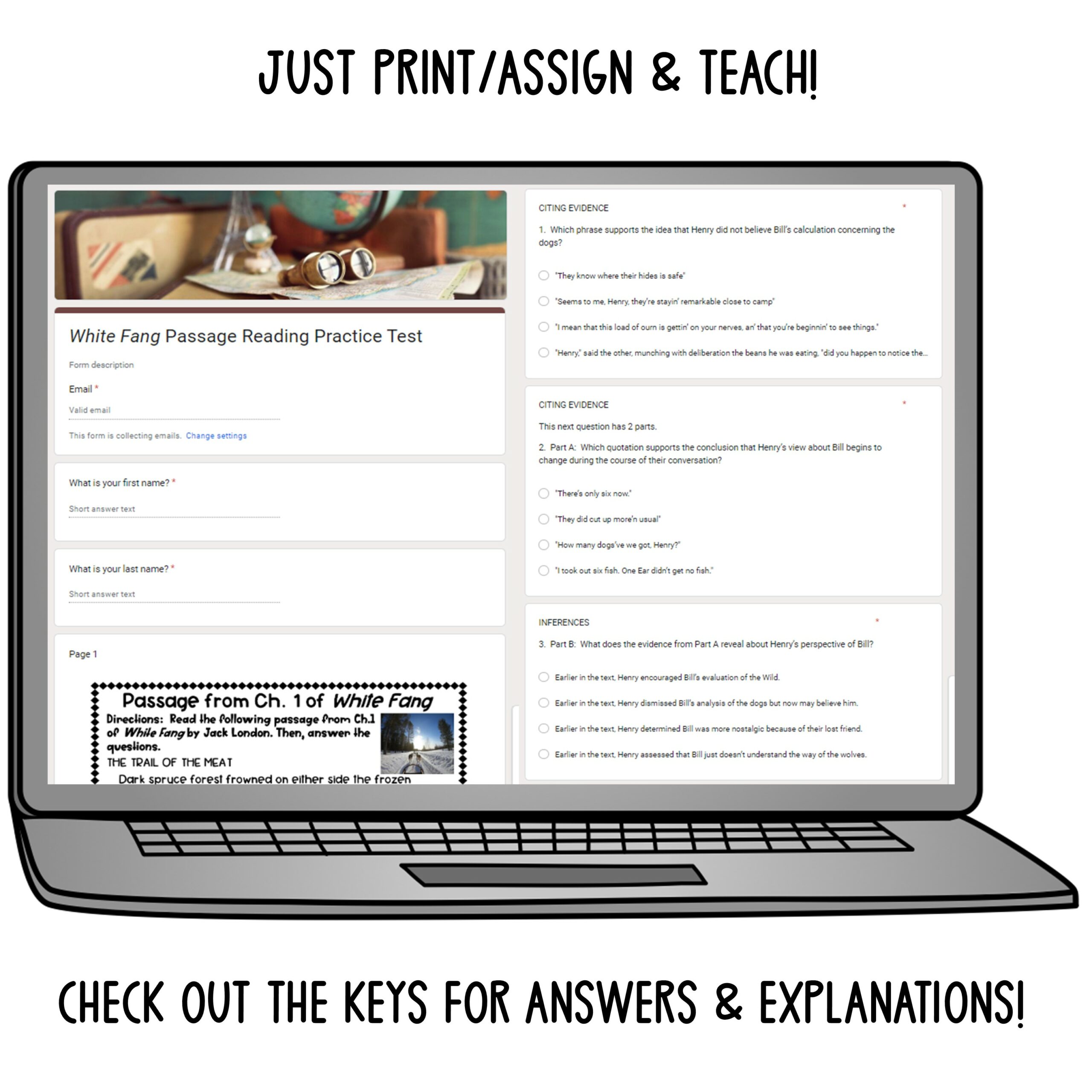 Reading Comprehension Passage with Questions PRACTICE TEST White Fang ...