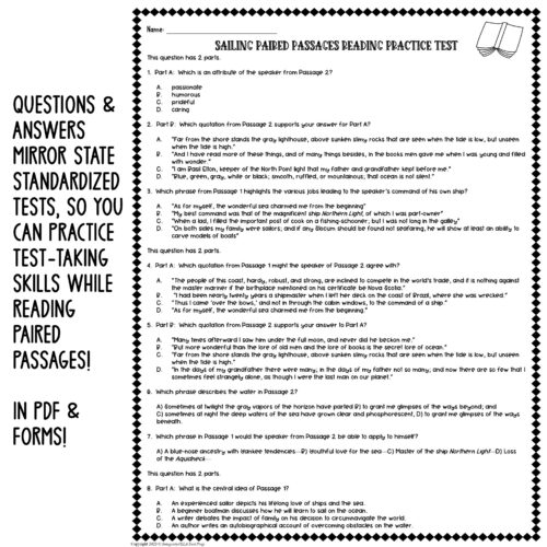 Reading PRACTICE TEST: Paired Passages with Questions Sailing Test Prep ...
