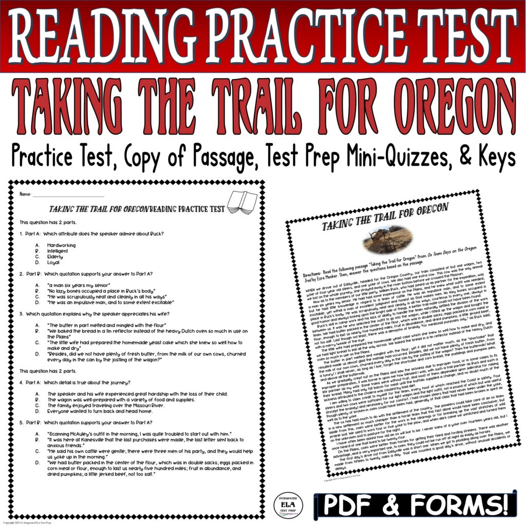 Reading Comprehension Passage Practice Test Oregon Trail Informational ...