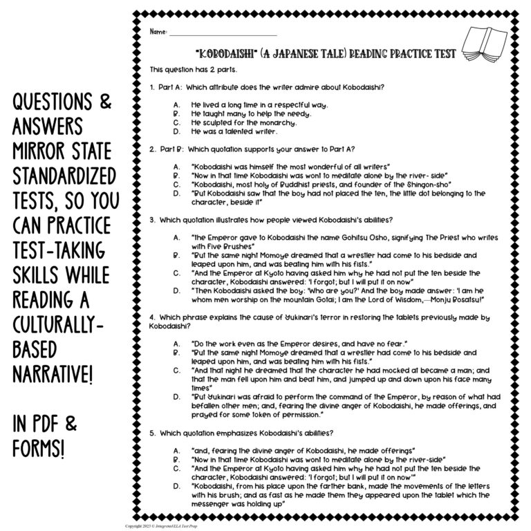 Reading Comprehension Passage and Questions Practice Test Informational ...