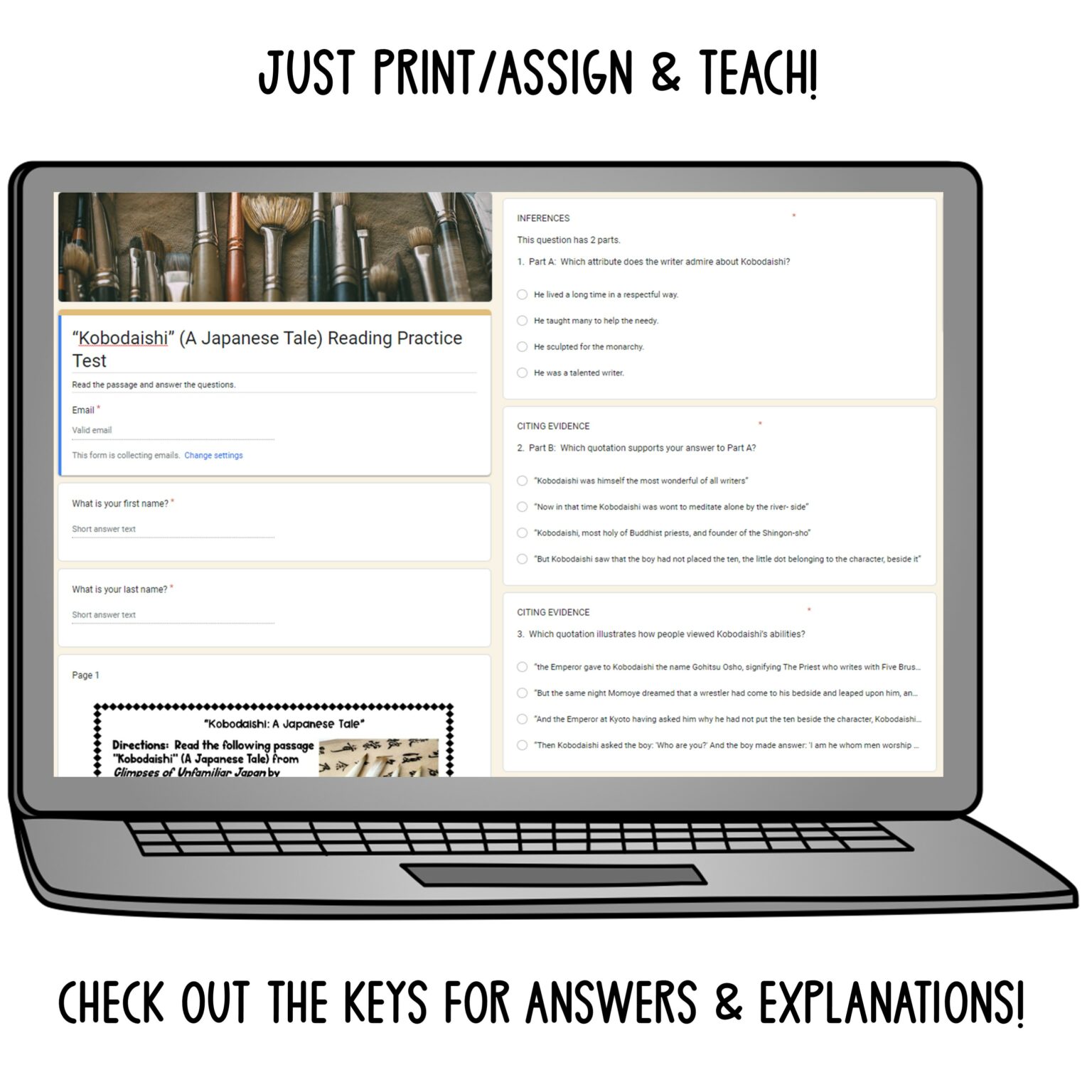 Reading Comprehension Passage and Questions Practice Test Informational ...