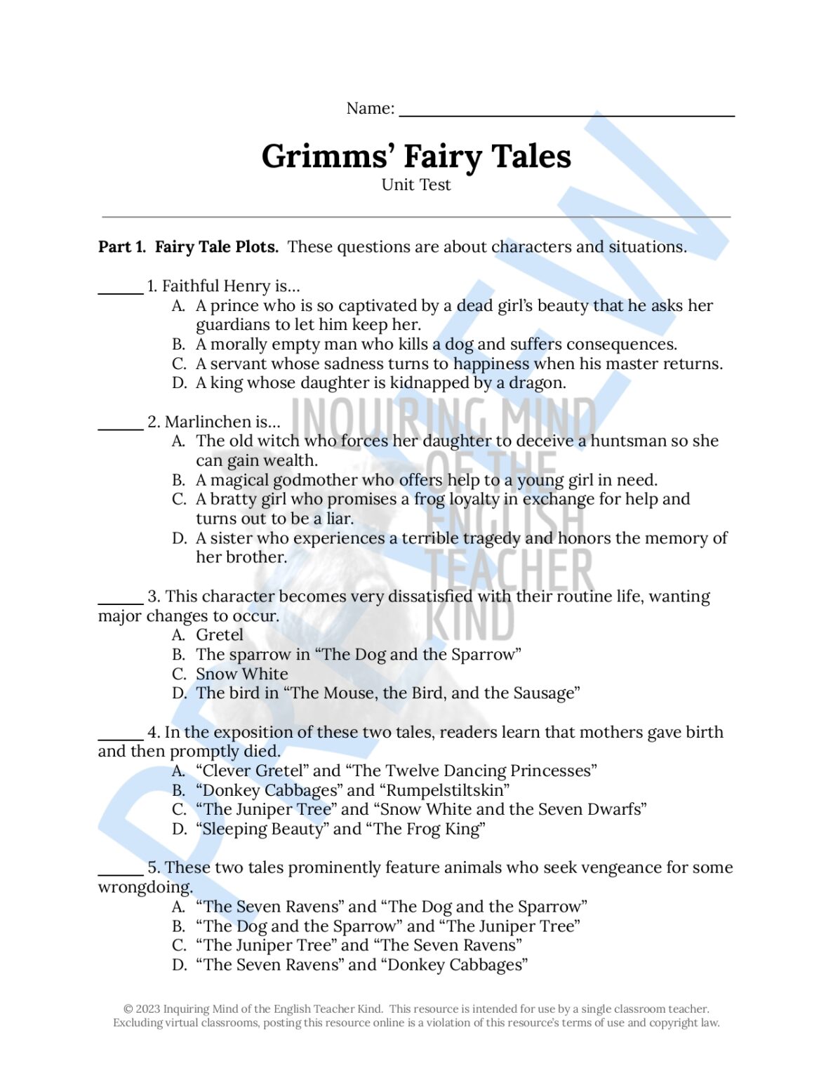 Grimms' Fairy Tales Unit Test and Answer Key (14 Short Stories Included ...