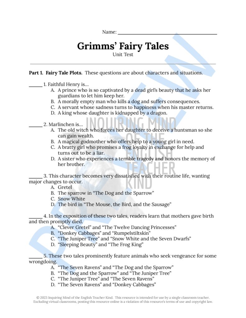 Grimms' Fairy Tales Unit Test and Answer Key (14 Short Stories Included ...