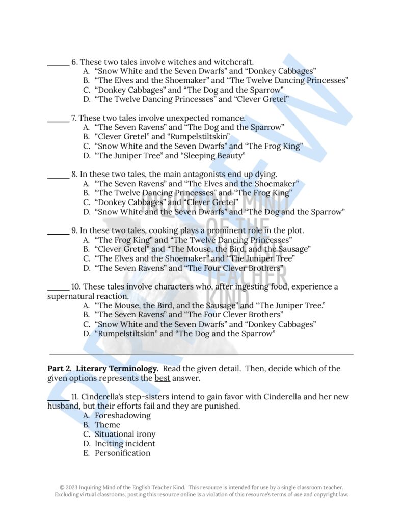 Grimms' Fairy Tales Unit Test and Answer Key (14 Short Stories Included ...