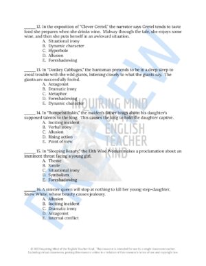 Grimms' Fairy Tales Unit Test and Answer Key (14 Short Stories Included ...