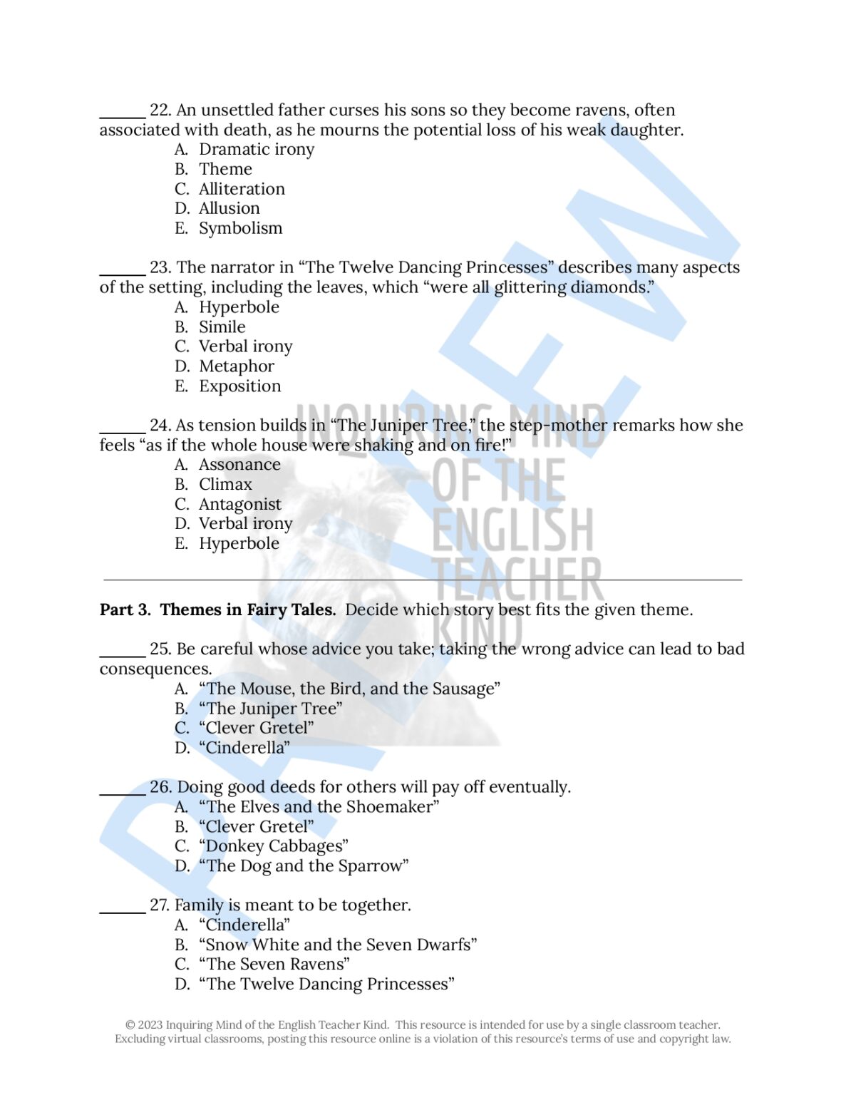 Grimms' Fairy Tales Unit Test and Answer Key (14 Short Stories Included ...