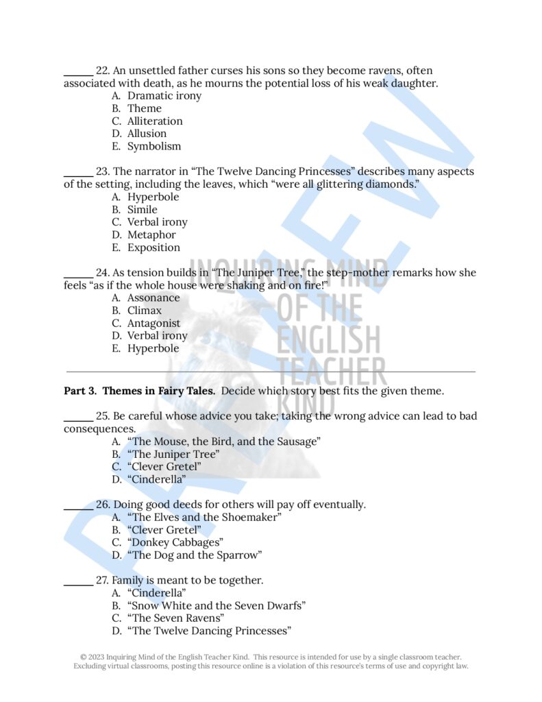 Grimms' Fairy Tales Unit Test and Answer Key (14 Short Stories Included ...